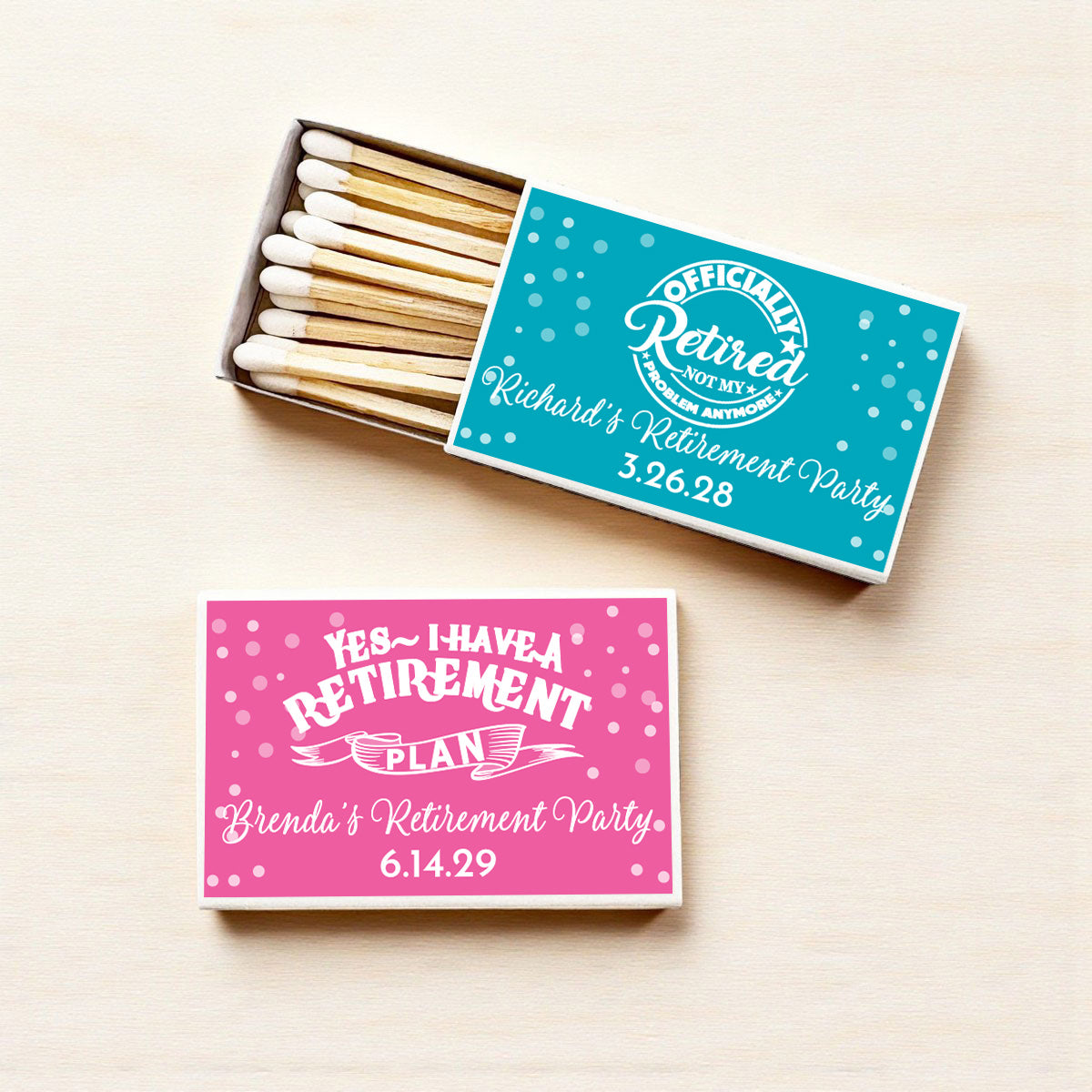 Retirement Personalized Matches (Set of 50) – Memories and Effects